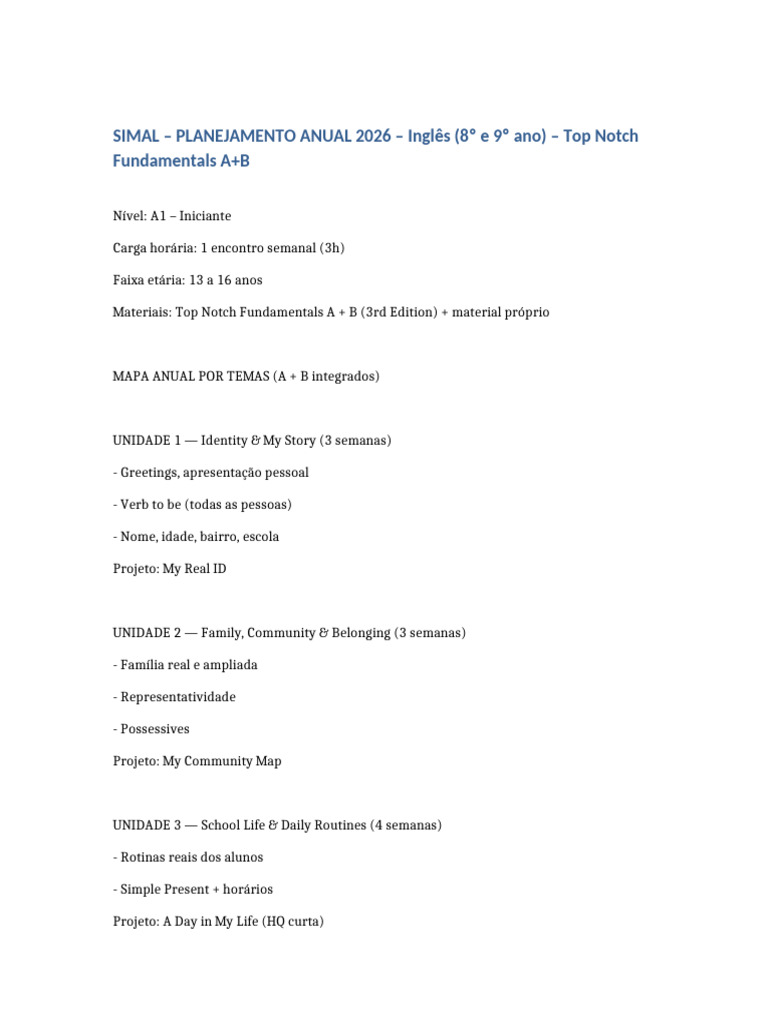 Planejamento Anual 2026 Ingles | PDF