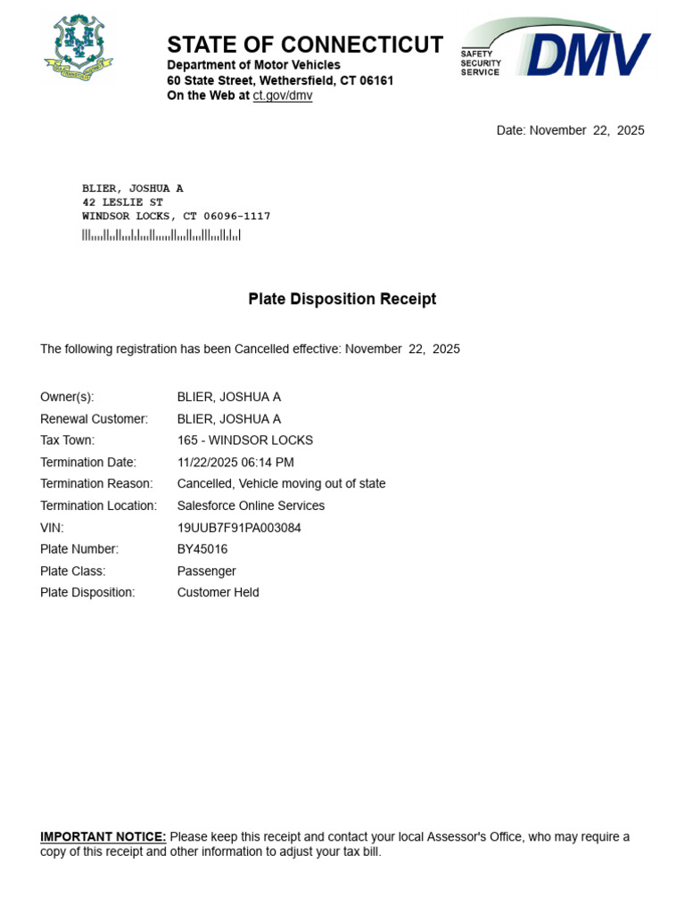 Plate Disposition Receipt - CT | PDF