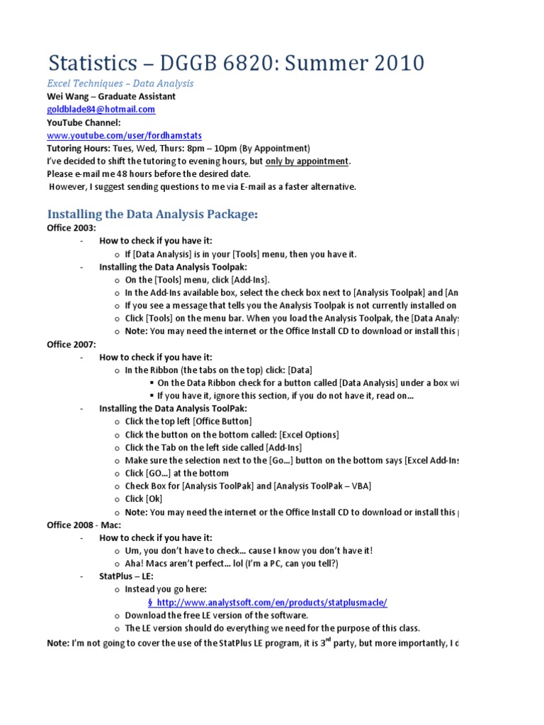 Statistics DGGB 6820 - Excel Techniques | PDF | Student's T Test ...