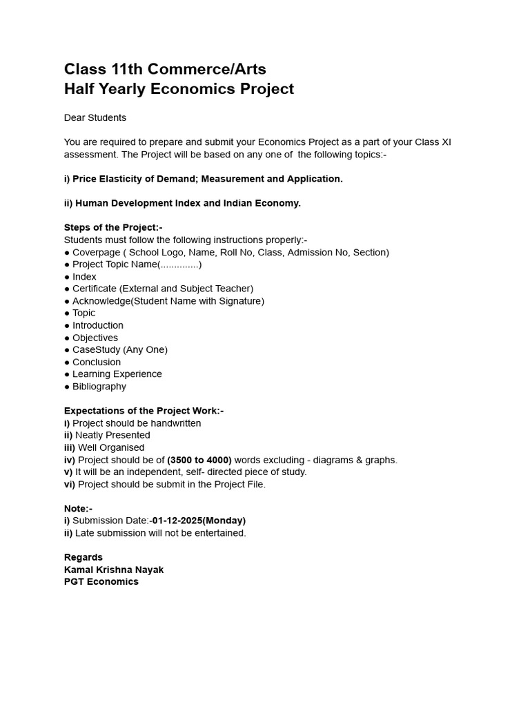 Class 11 Economics Project Guidelines | PDF