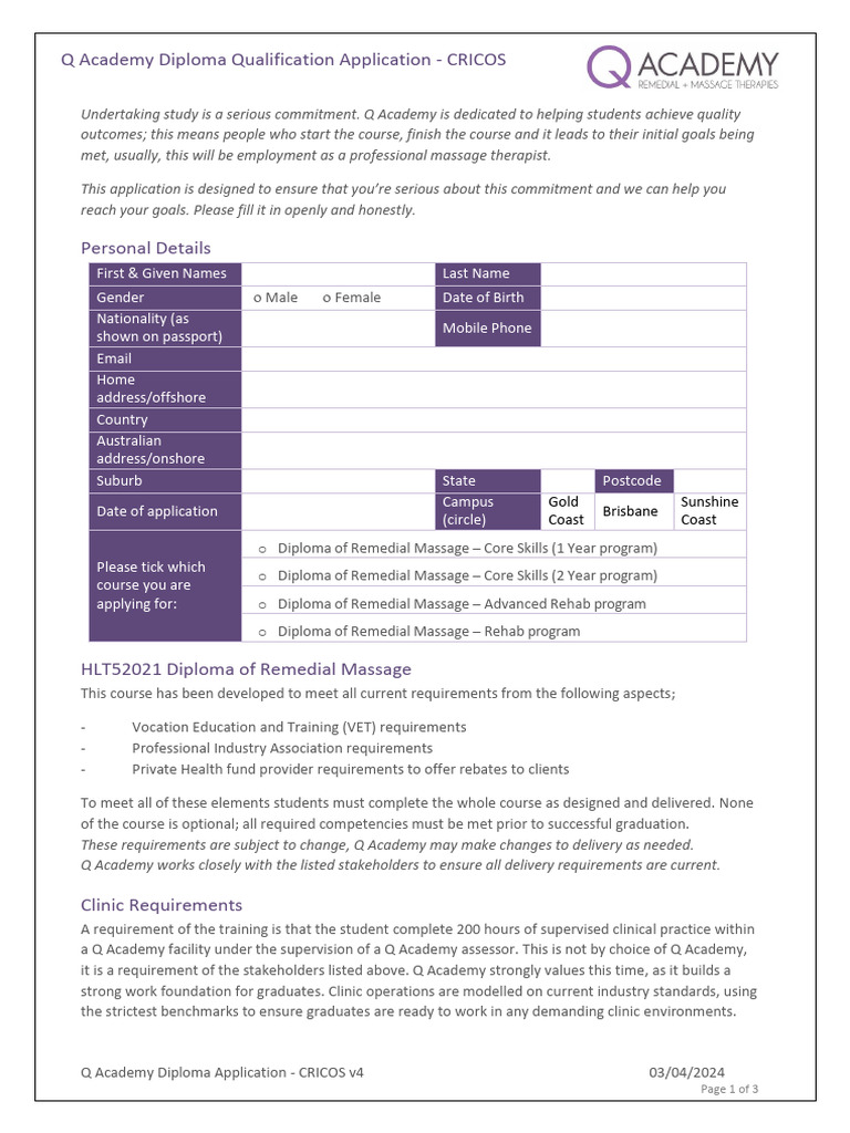 CRICOS Q Academy Diploma Application v4 | PDF