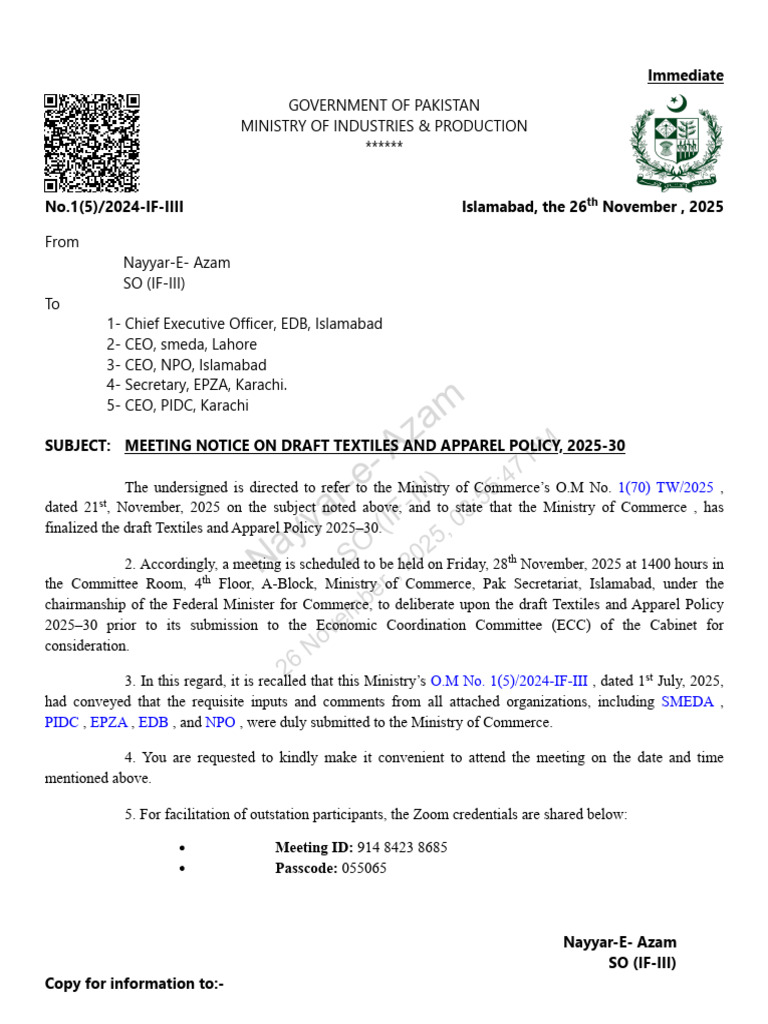 Meeting Notice On Textile and Apparel | PDF | Government | Pakistan