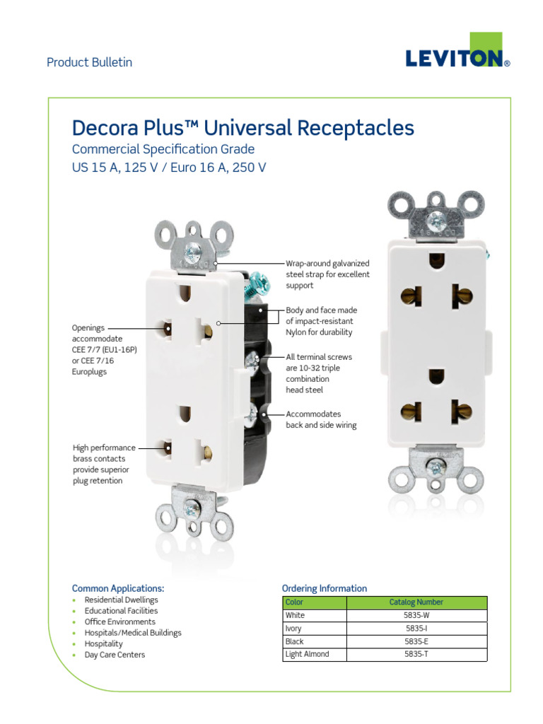 Decora Plus Universal Receptacle 5835-W | PDF | Electrical Wiring ...