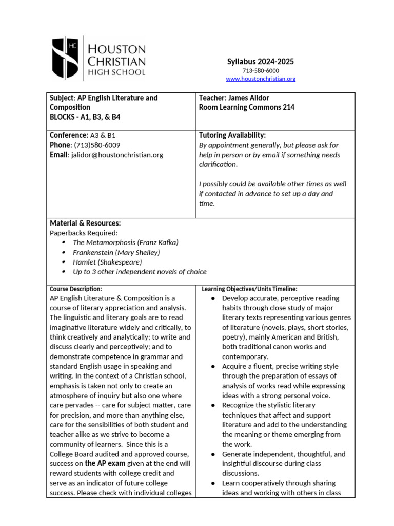 AP English Literature Syllabus 2024-2025 | PDF | Artificial ...