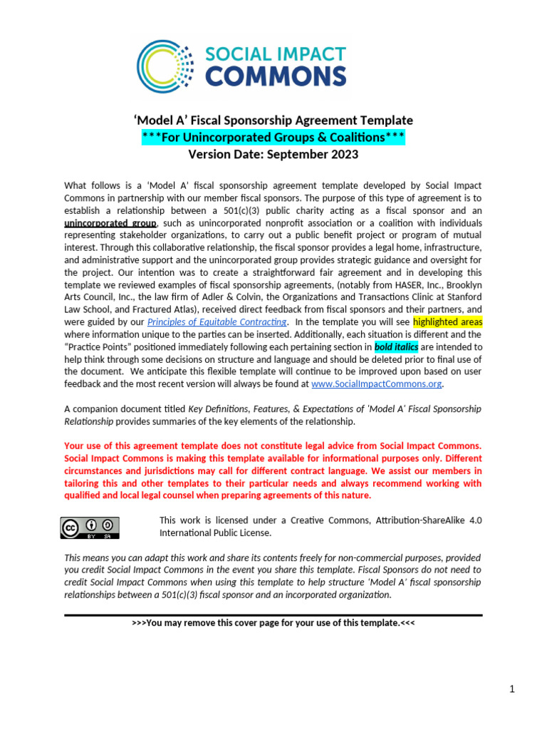 Model A Fiscal Sponsorship Agreement Template | PDF | Business