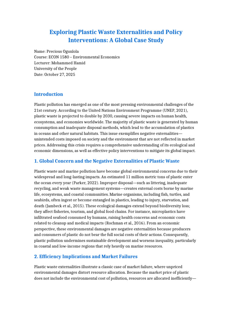 Exploring Plastic Waste Externalities and Policy Interventions Precious ...
