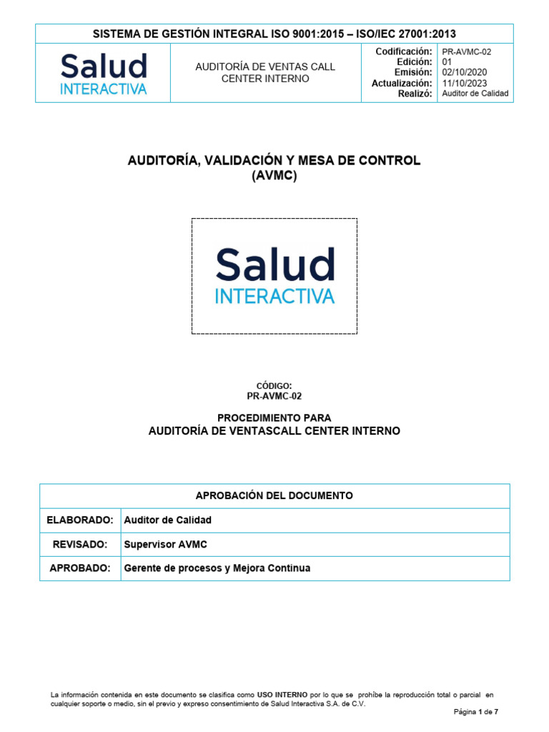 PR-AVMC-02-Auditoria-de-ventas-Call-Center-Interno | PDF | Auditoría ...