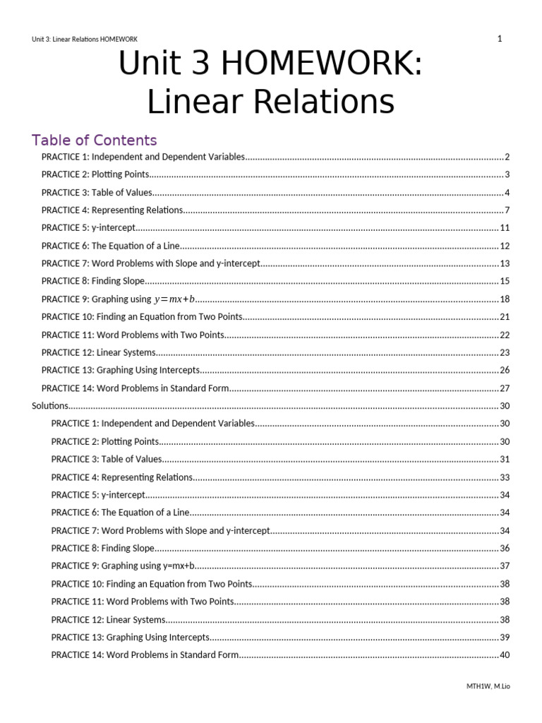 Unit 3 HOMEWORK A - Linear Relations | PDF | Mathematics