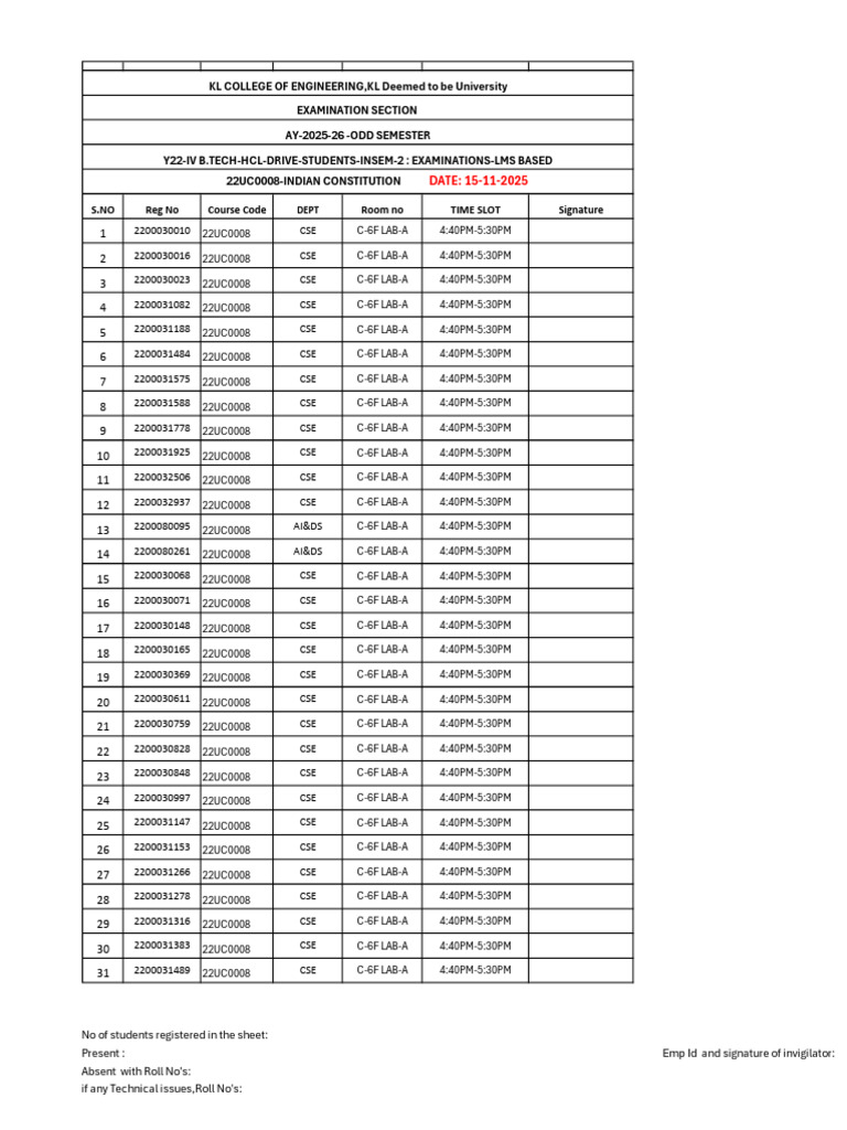 HCL Drive Students Btech (LMS) Y22 Insem 2 On 15-11-2025 Seating Plan ...