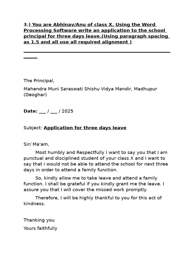 Application for Three Days Leave | PDF