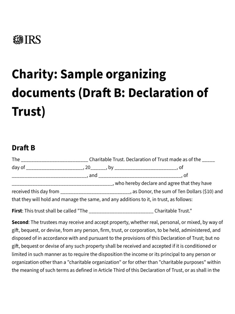 Charity - Sample Organizing Documents (Draft B - Declaration of Trust ...