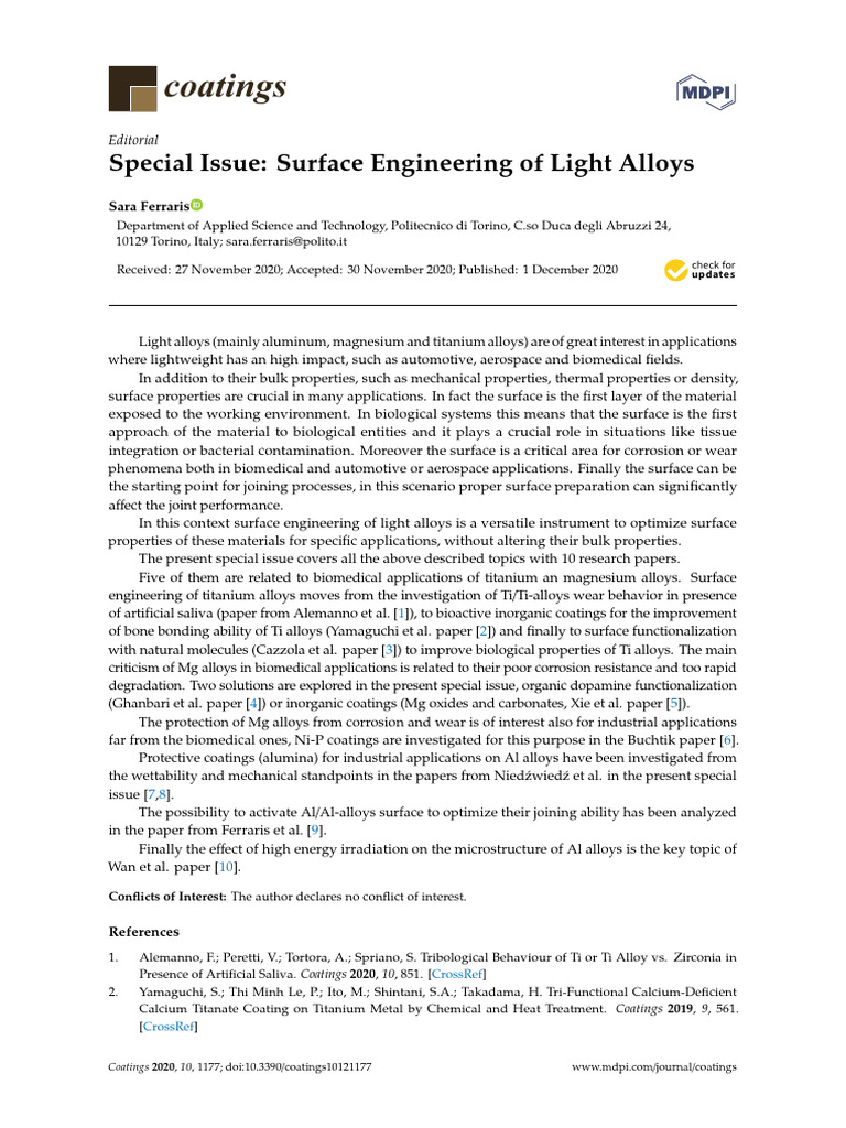 Special Issue Surface Engineering of Light Alloys | PDF | Titanium ...
