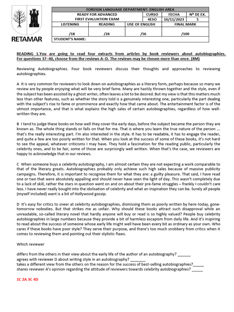 1st Eval Exam Ready for Cae 2324-Key | PDF | Bias | Evidence