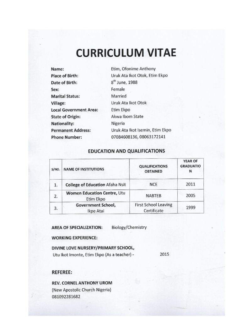 CV Etim, Ofonime Anthony | PDF