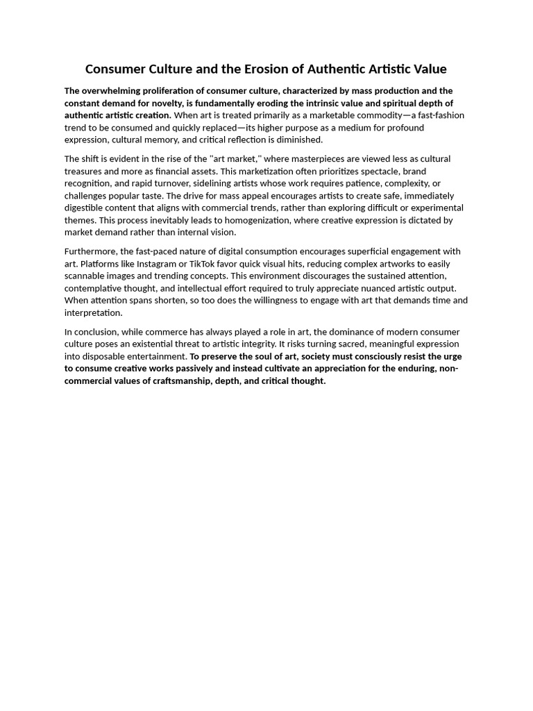 Consumer Culture and The Erosion of Authentic Artistic Value | PDF