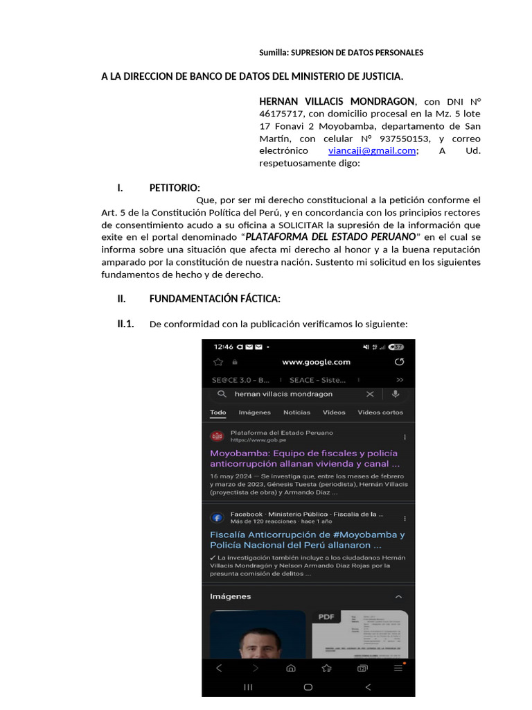Escrito Pide Supresion de Datos Hernaco | PDF