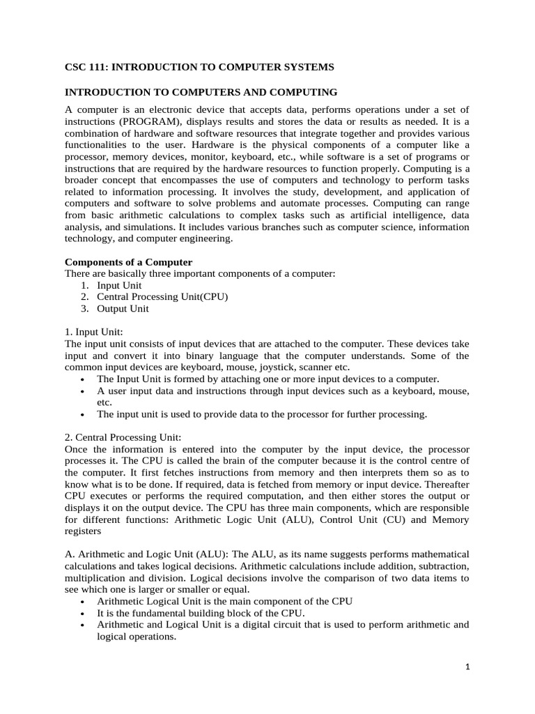 CSC 111 Note 2024 | PDF | Central Processing Unit | Input/Output