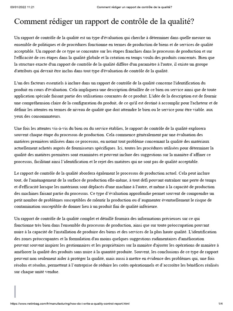 Rédiger un rapport de contrôle qualité | PDF