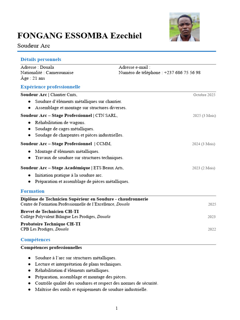 CV Soudeur Arc - FONGANG ESSOMBA Ezechiel | PDF | Soudage | Construction