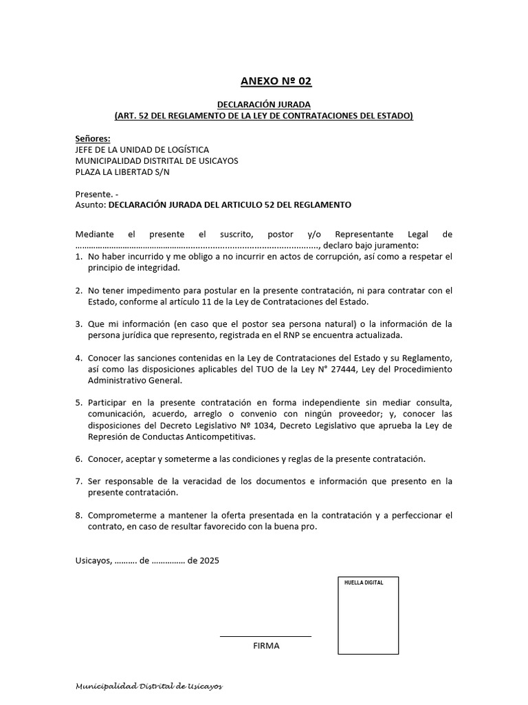 Anexo 2_ Declaracion Jurada Articulo 52 Del Reglamento (1) | PDF