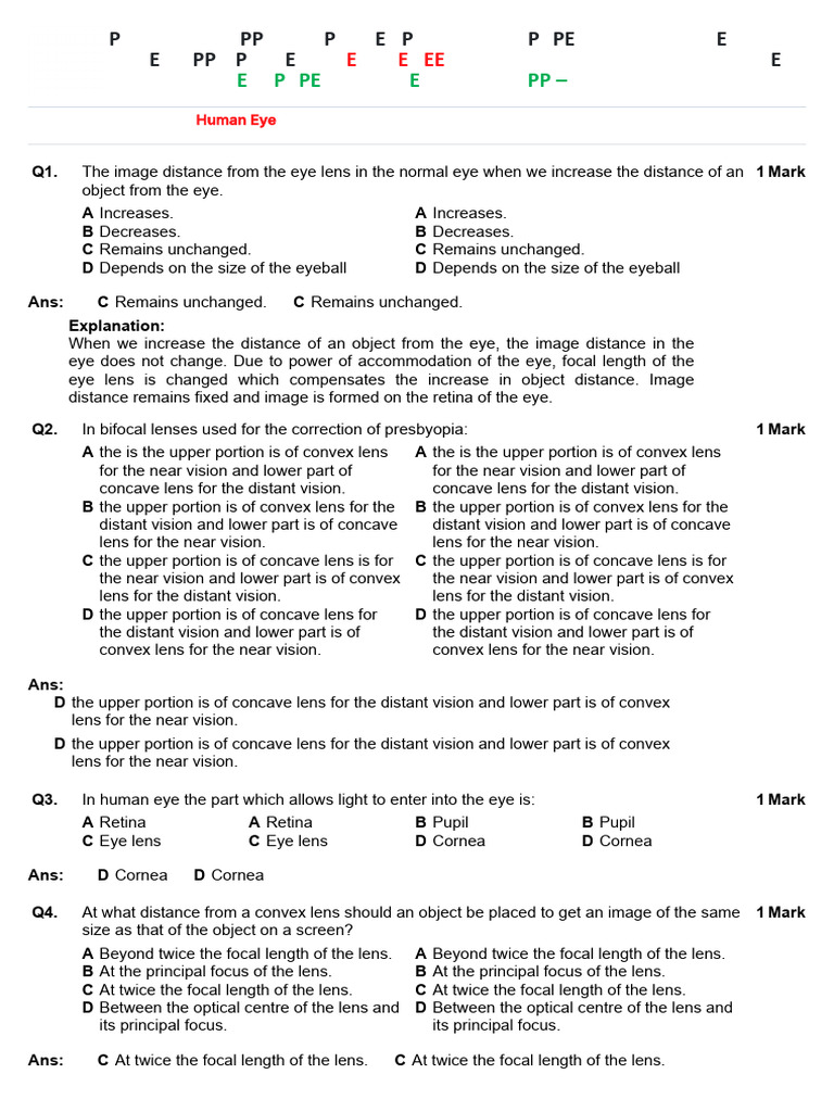 10TH CBSE SCIENCE Human Eye MCQS ANSWERS | PDF | Eye | Human Eye
