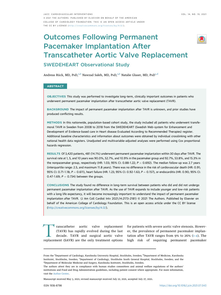 Long-Term Outcomes of Pacemaker After TAVR | PDF | Medicine ...
