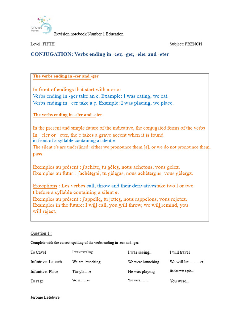 Conjugation of verbs ending in -ger, -cer, -eler, and -eter | PDF ...