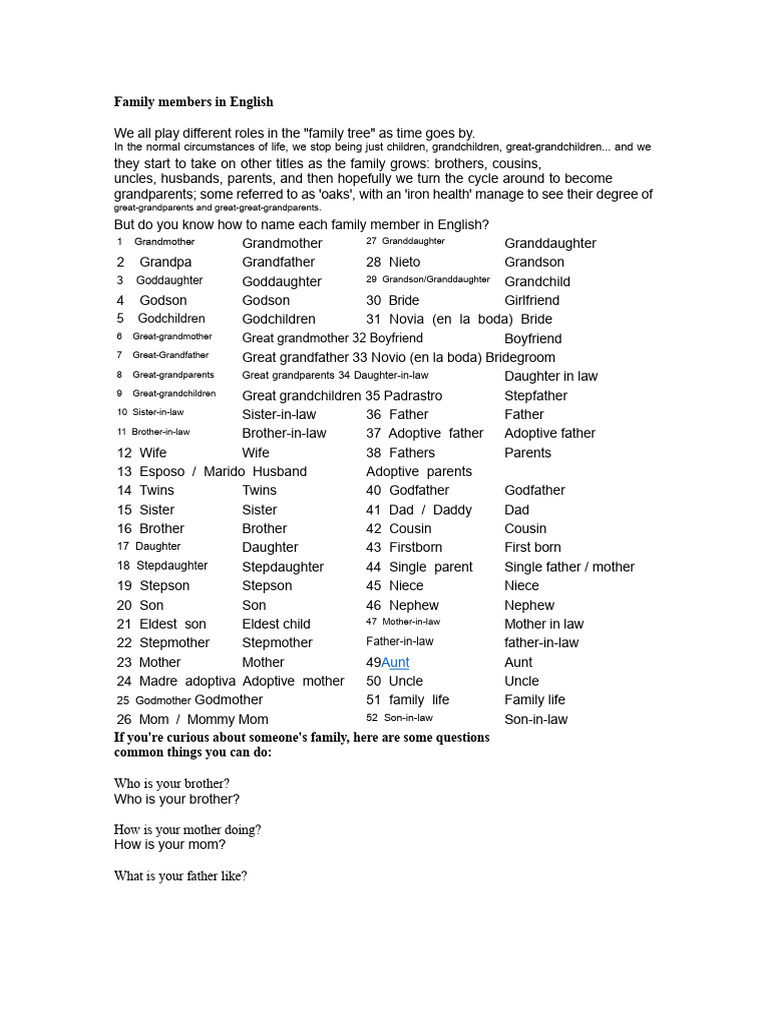 Family Members in English | PDF | Grammatical Gender | Verb
