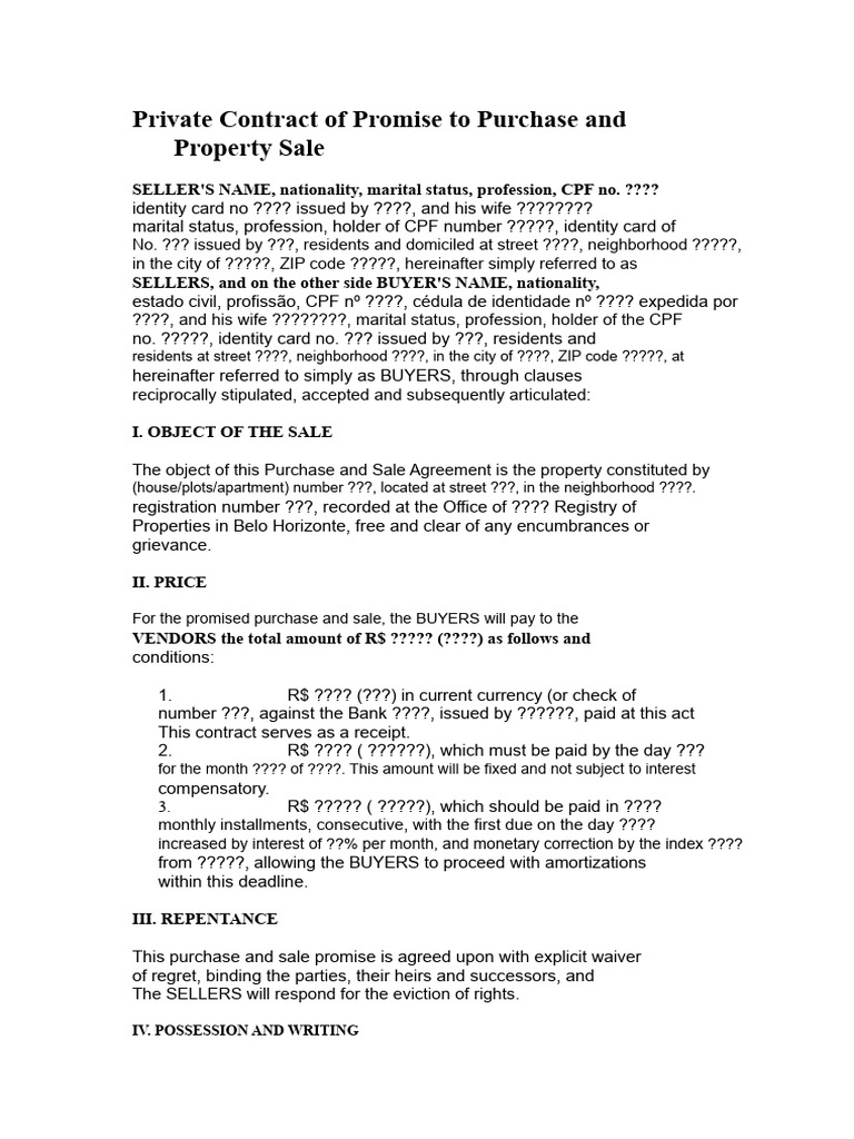 Private Agreement For The Promise of Purchase and Sale of Real Estate ...