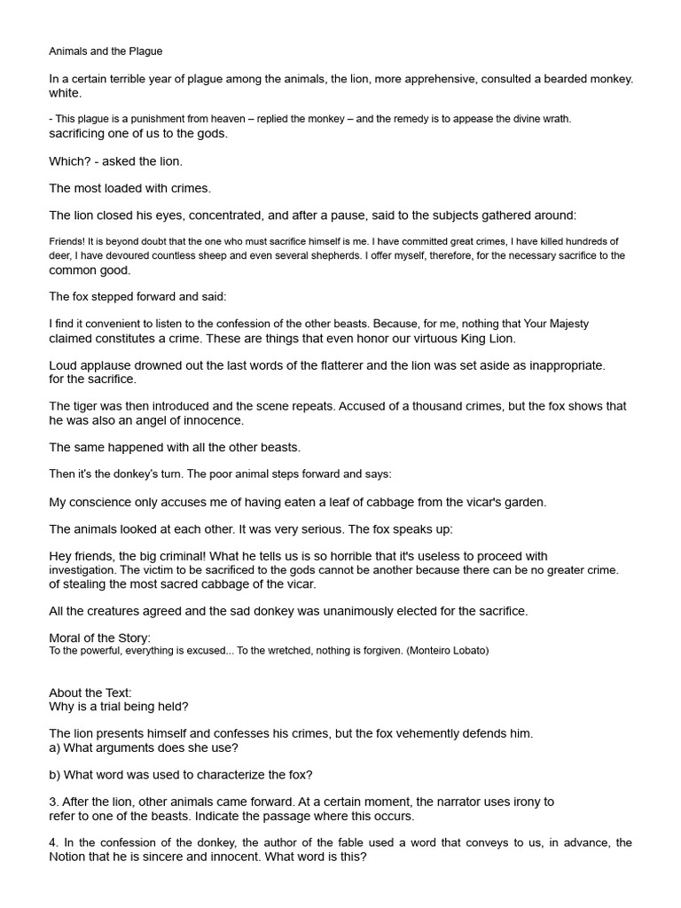 Fable of Animals and Plague: A Moral Tale | PDF | Narration | Crimes