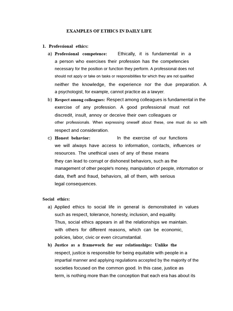 Daily Life Ethics Examples Explained | PDF | Integrity | Justice