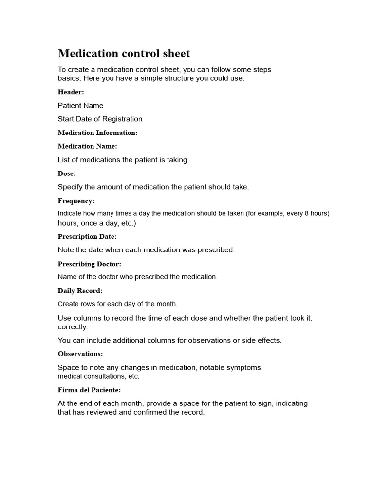 Medication control sheet | PDF | Dose (Biochemistry) | Chemistry