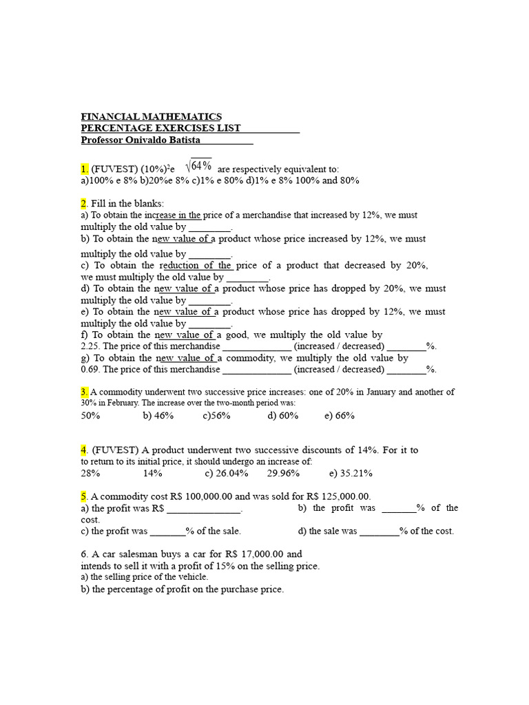 List of Percentage Exercises 2 | PDF | Sales | Prices