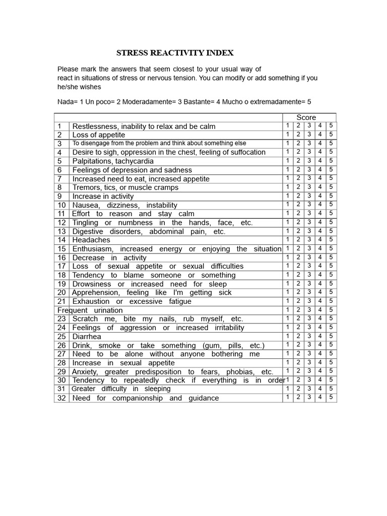 Stress Reactivity Index Test | PDF | Anxiety | Diseases And Disorders