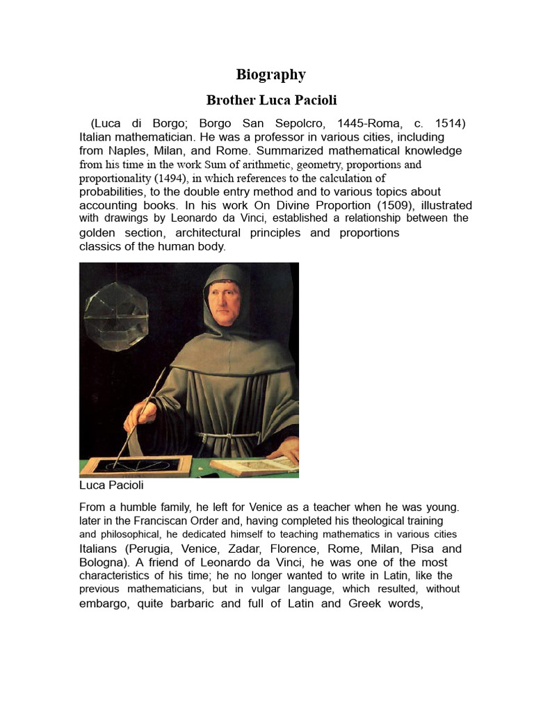 Biography of Brother Luca Pacioli | PDF | Mathematics | Leonardo Da Vinci