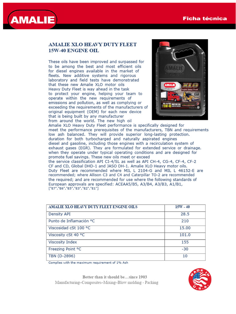 Amalie Xlo Heavy Duty Fleet Engine Oils SAE 15W-40 (1) | PDF | Motor ...