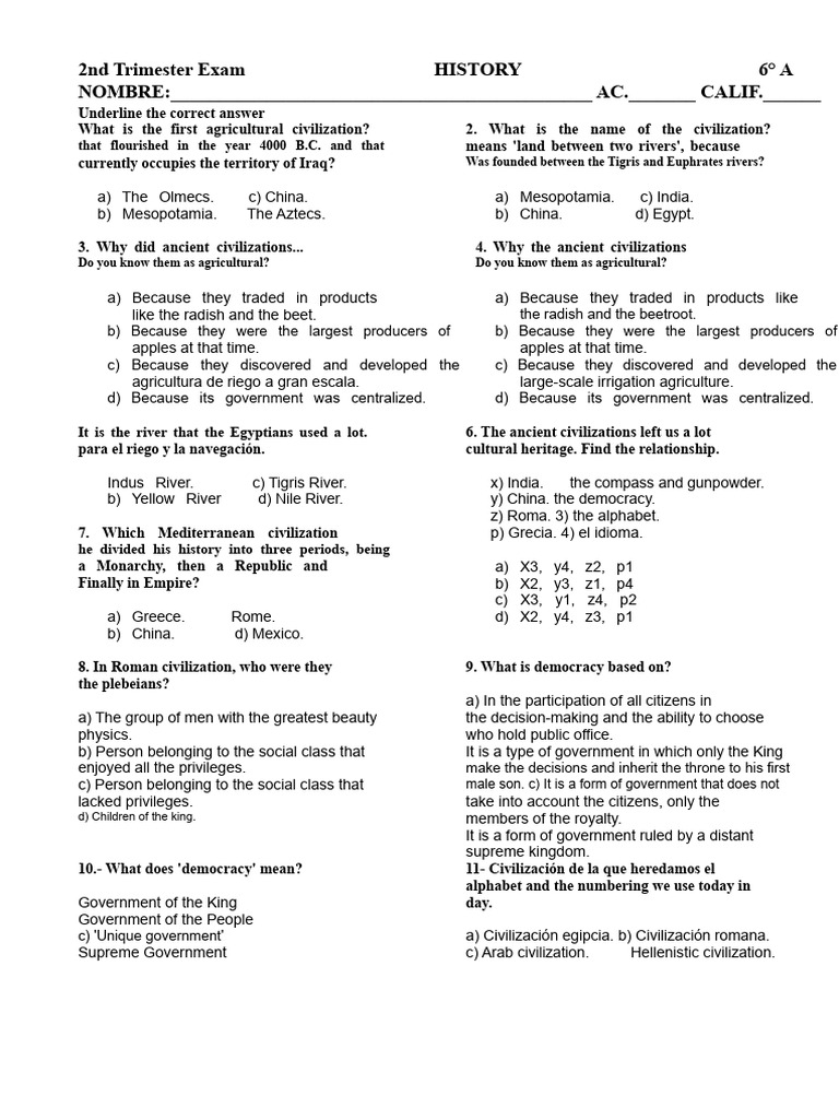 HISTORY EXAM, SIXTH GRADE | PDF | Mesopotamia | Tigris