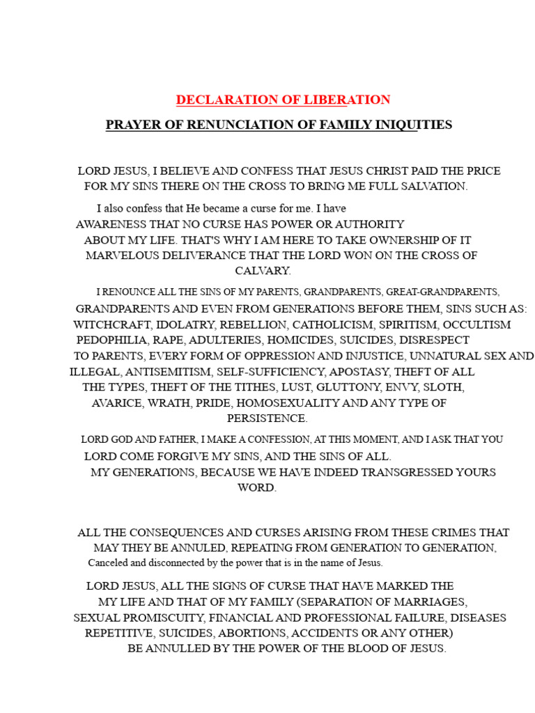 Family Iniquities Renunciation Prayer | PDF | Jesus | Seven Deadly Sins
