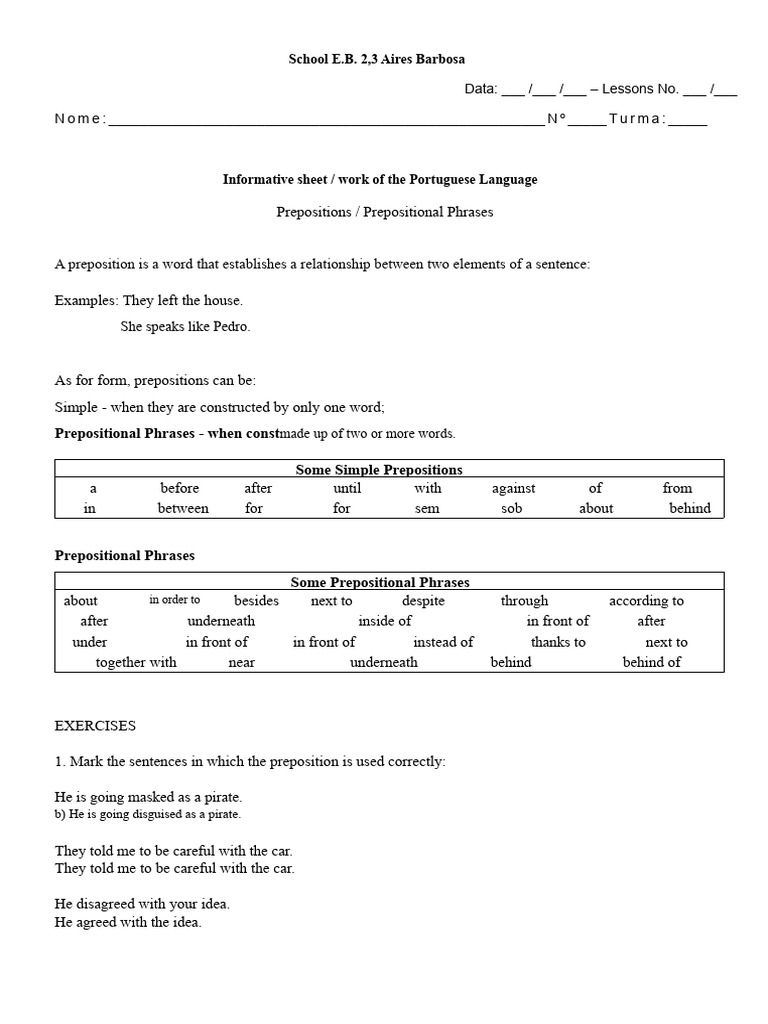 Portuguese Language Work Sheet - Prepositions - Prepositional Phrases ...