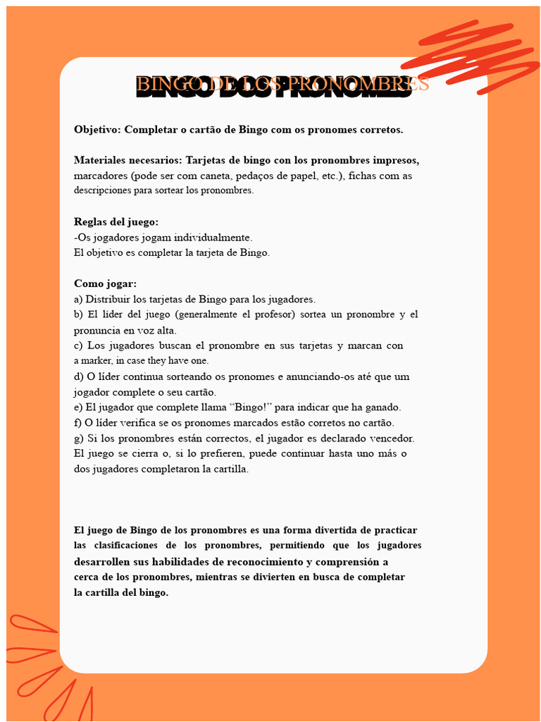 Bingo de Los Pronombres | PDF | Numero Gramatical | Tipología Lingüística