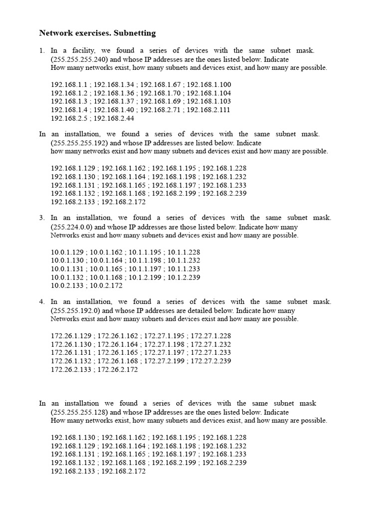 Network Exercises - Subnetting - Homework | PDF | Ip Address | Internet ...