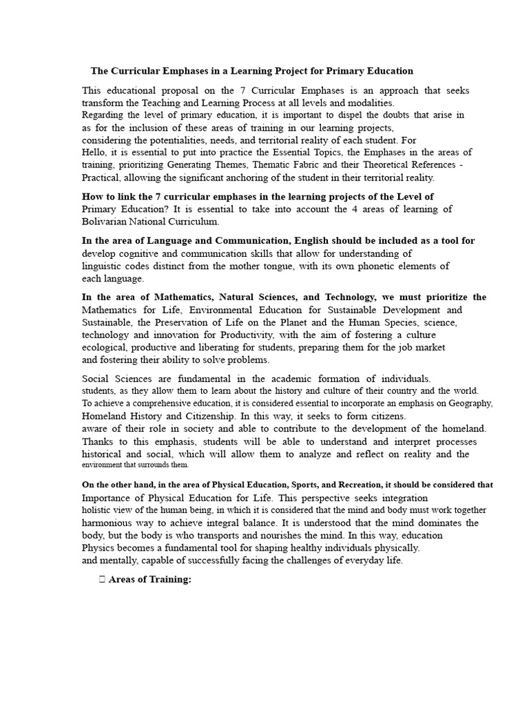 The Curricular Emphases in A Learning Project For Primary Education ...