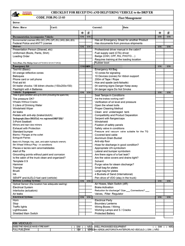 For-Pg-13-03 - Vehicle Receipt and Delivery Checklist To The Driver ...
