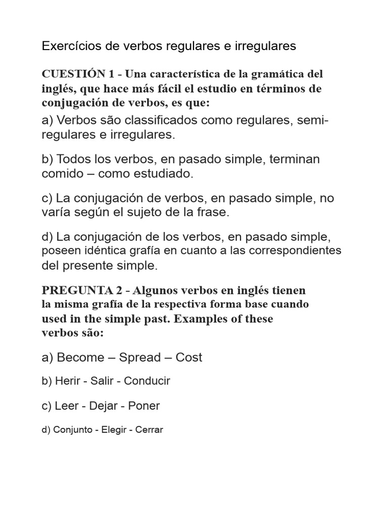 Ejercicios de Verbos Regulares e Irregulares (3) | PDF | Verbo ...