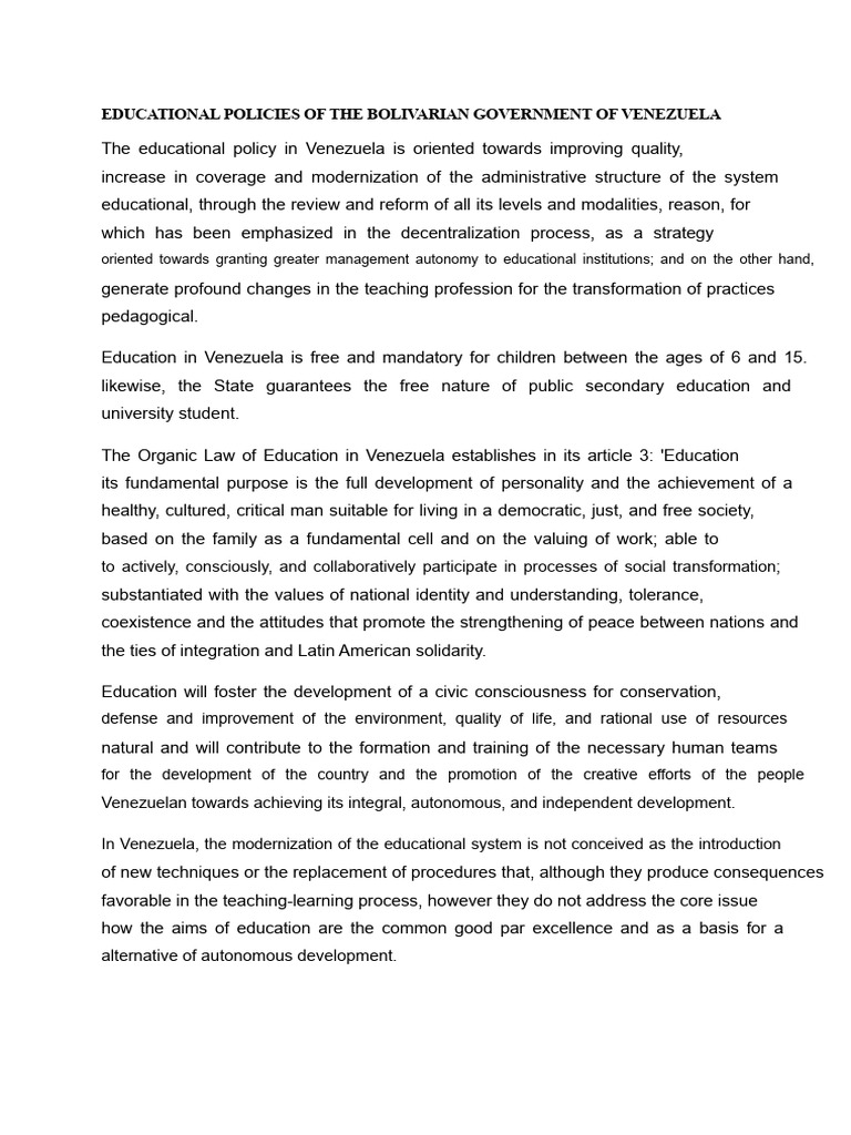 Educational Policies of the Bolivarian Government of Venezuela | PDF ...