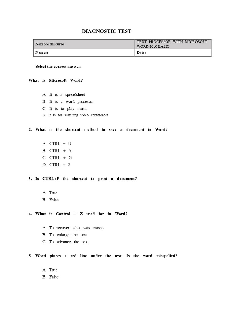 Word Diagnostic Test | PDF