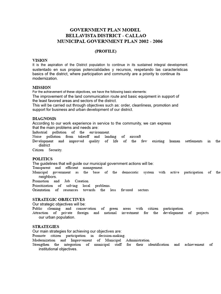 Bellavista District Government Plan 2002-2006 | PDF | Policy | Economies