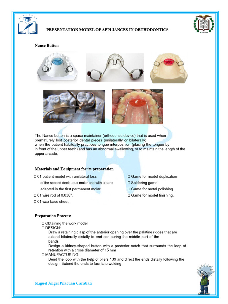 Nance Button & Transpalatino Arch | PDF | Orthodontics | Dentistry Branches