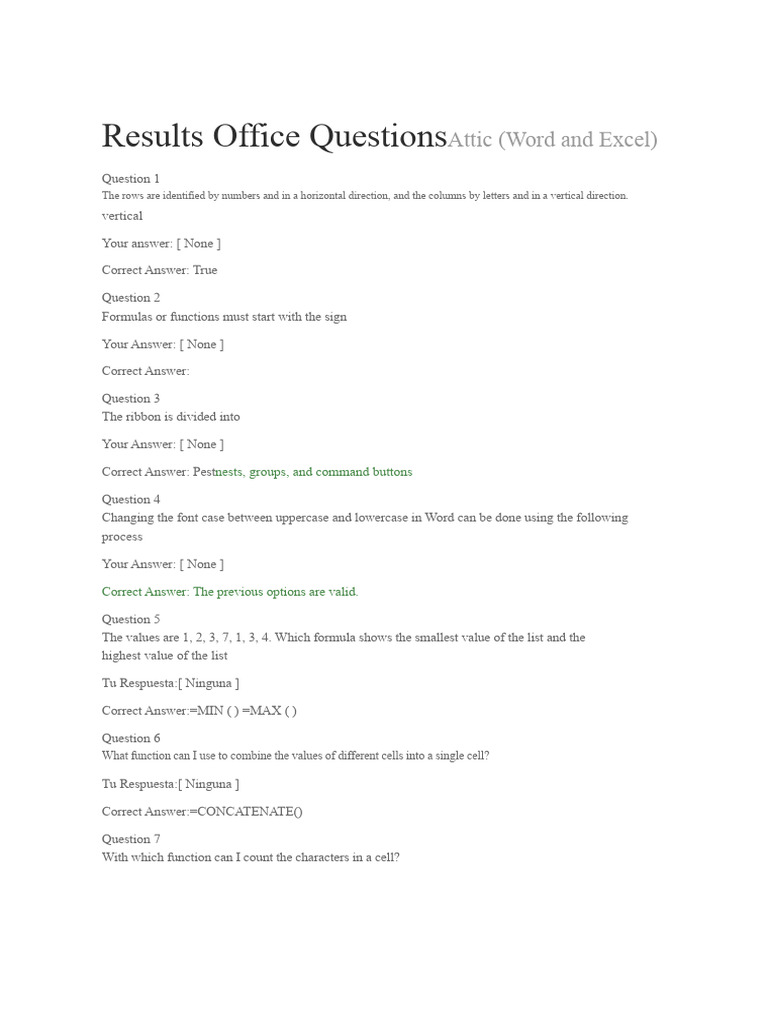 Results - Office Automation Questions (Word and Excel) | PDF