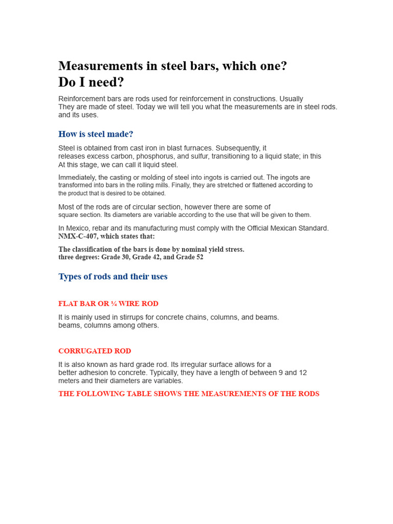 Steel Bar Measurements and Uses Guide | PDF | Steel | Structural ...